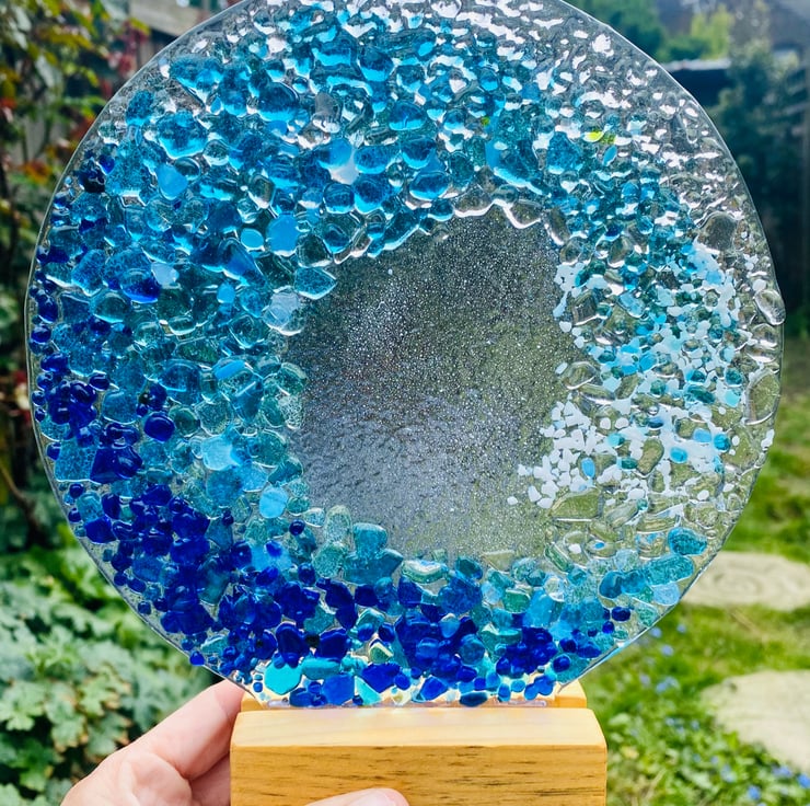 fused glass wave tea light candle holder sea oc... - Folksy