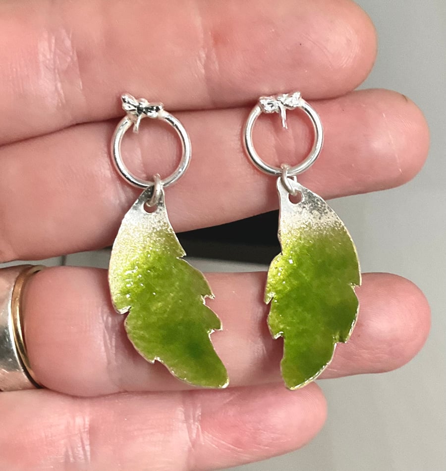 Sterling Silver Enamelled Leaf Earrings - Folksy