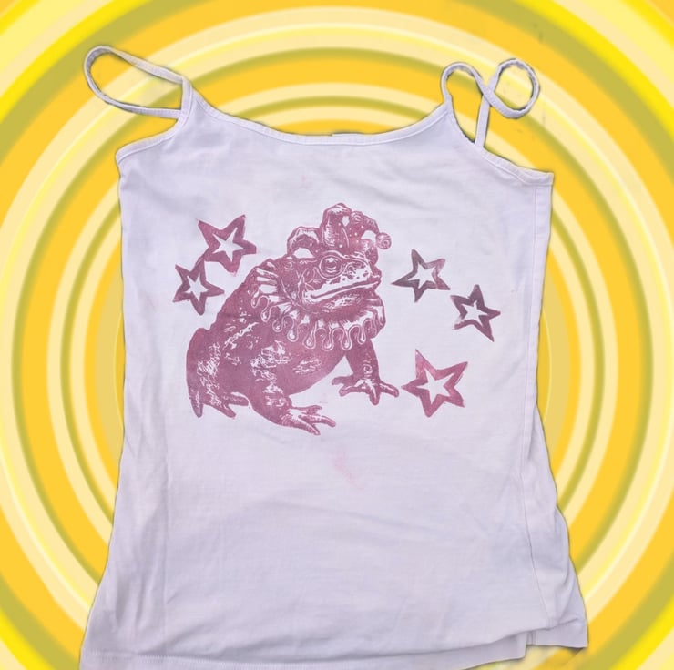 Handprinted lino jester toad upcycled tank top ... - Folksy