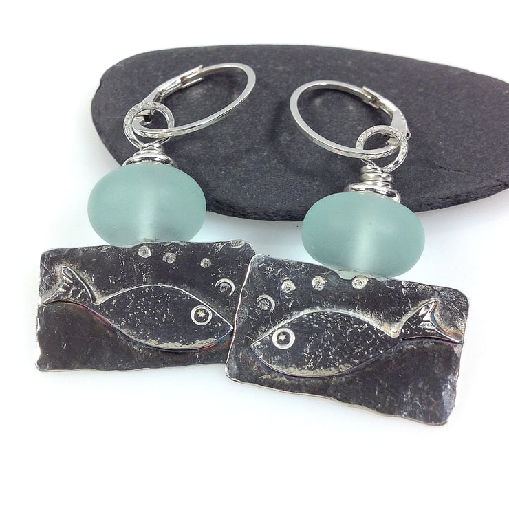 Silver fish earrings with aqua sea glass - Folksy