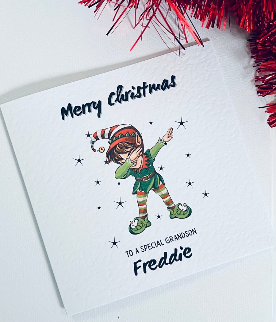 Personalised Dabbing Cute Elf Christmas Card - Folksy