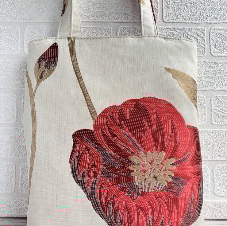 Cream tote bag with large red and gold flower - Folksy