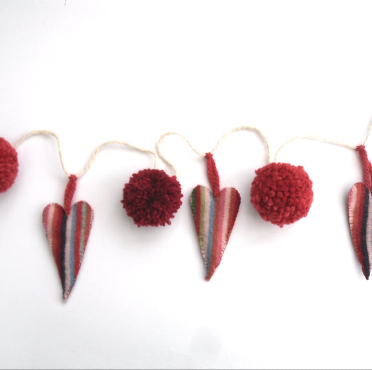 Red Striped Valentine heart Wool Bunting with p... - Folksy