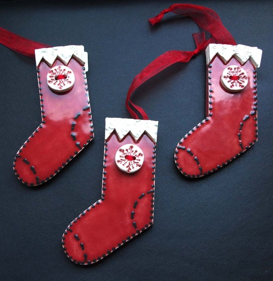 Red ceramic Christmas stocking decoration - Folksy