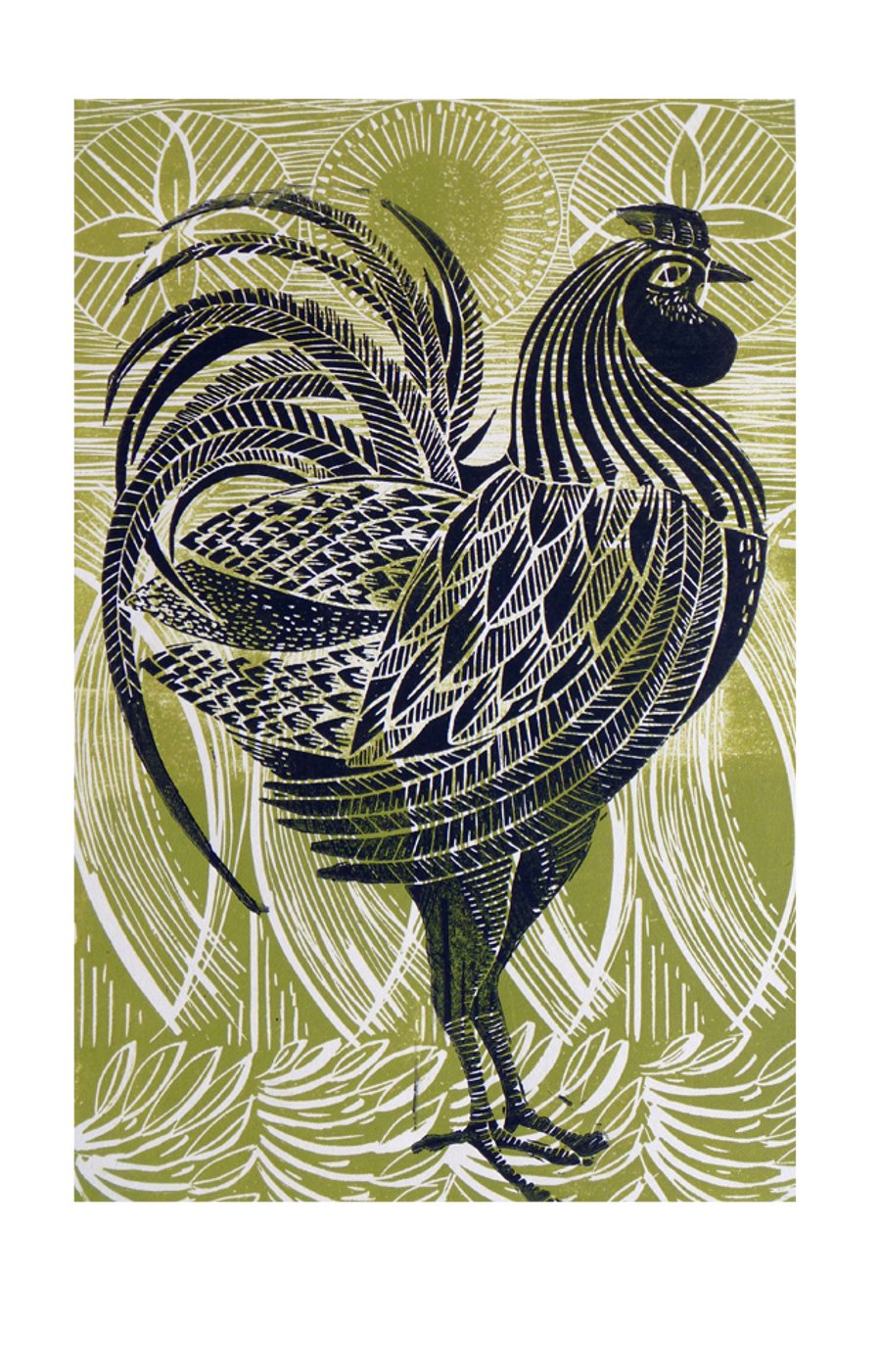 Green Cockerel original linocut print SALE HALF... - Folksy