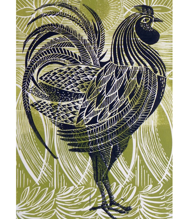 Green Cockerel original linocut print SALE HALF... - Folksy