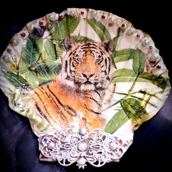 Decoupaged Tiger Scallop Shell Trinket Dish - Folksy