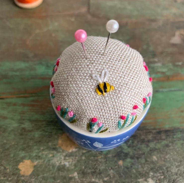 Blue and white egg cup embroidered pin cushion - Folksy