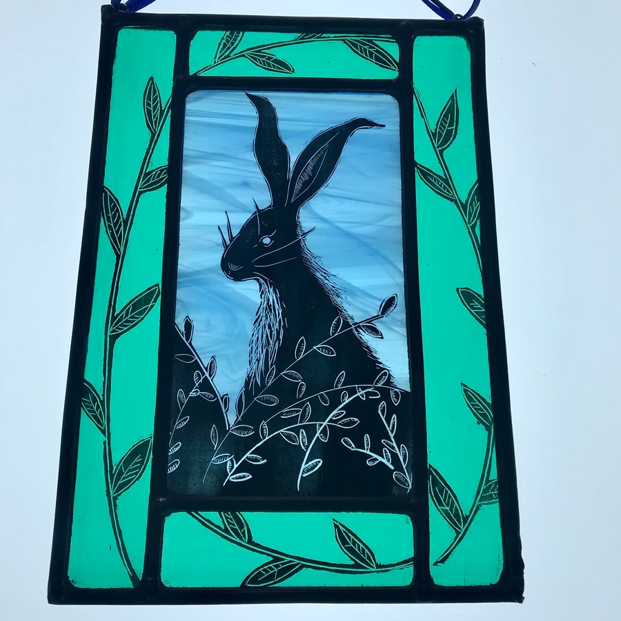 Stained glass panel of a hare - Folksy