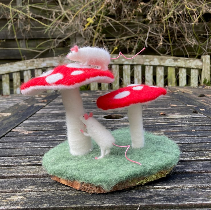 Needle felted toadstools with mice - Folksy