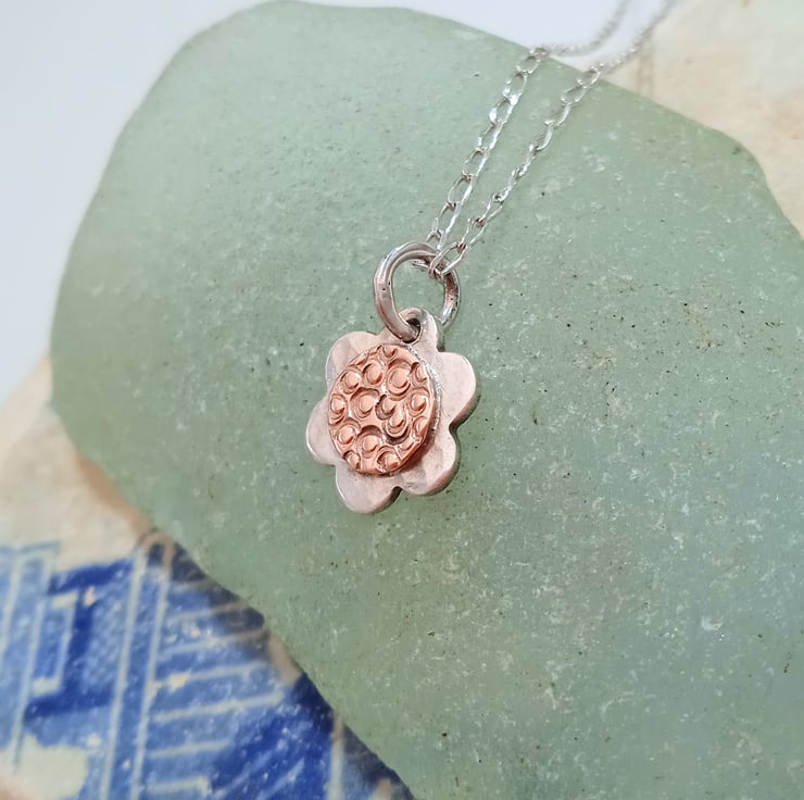 Sterling Silver and Copper Flower Pendant Neckl... - Folksy