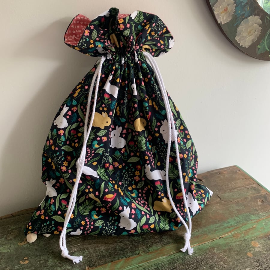 Rabbits and birds drawstring bag with pompoms - Folksy