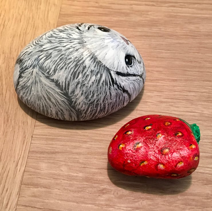 White rabbit hand painted pebble garden rock ar... - Folksy