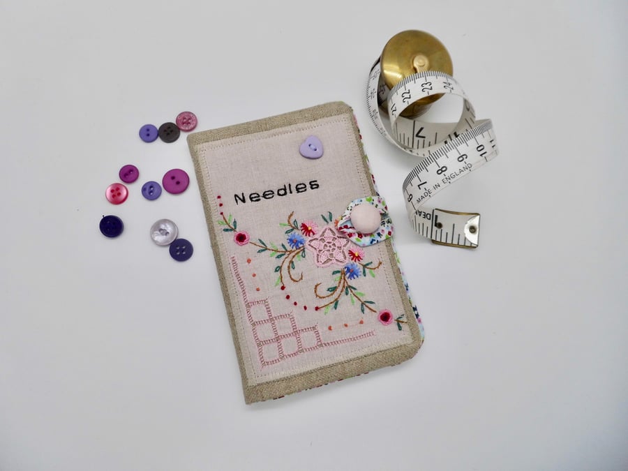 Sewing needle case with pink hand embroidery - Folksy