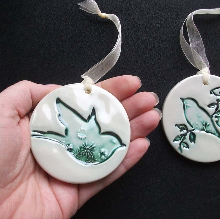 Set of two large ceramic bird hanging decoratio... - Folksy