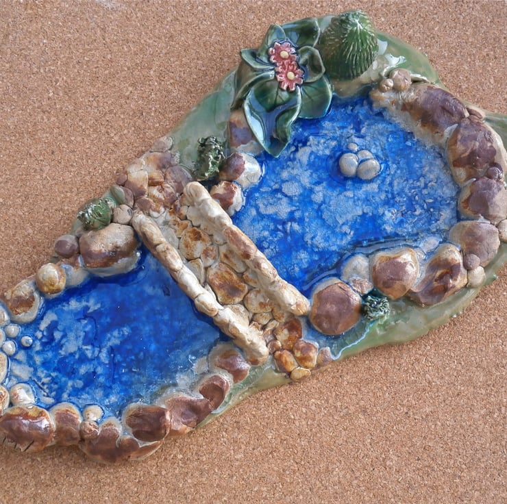 Ceramic pond with bridge, Terrarium ornament, s... - Folksy