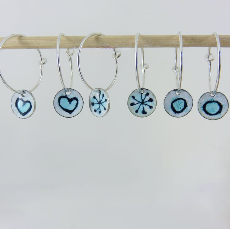 Silver Hoops with Hand Drawn Star in Enamel on ... - Folksy