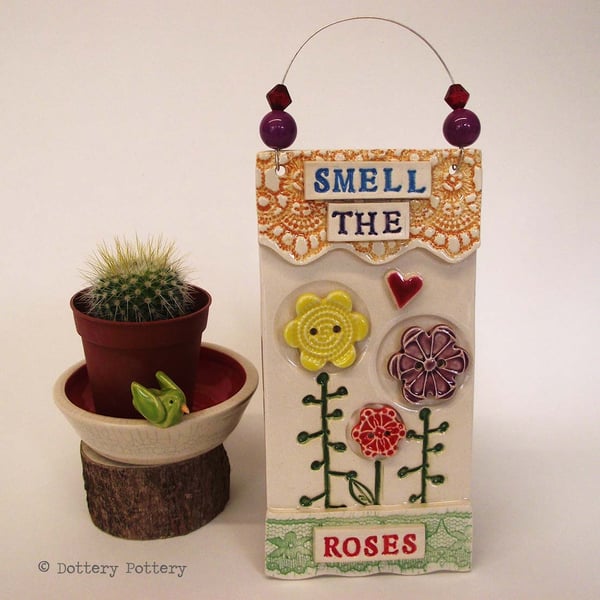 Ceramic wall plaque Smell The Roses. Pottery ti... - Folksy