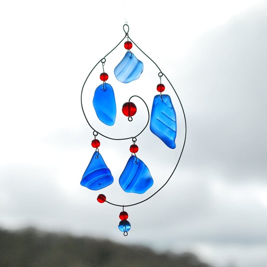 Blue beach glass spiral sun catcher - Folksy