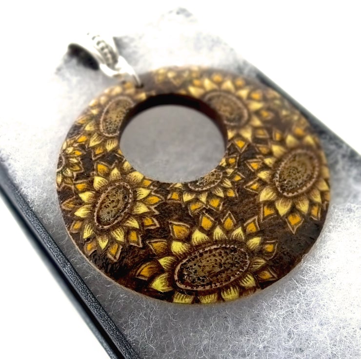 Pyrography Swirling Sunflower Pendant, Wooden C... - Folksy