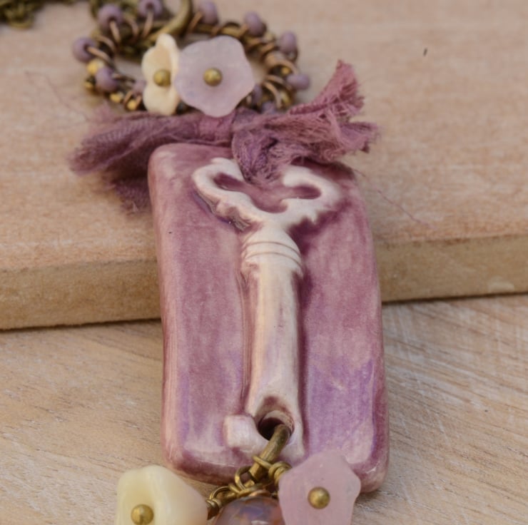 Rose Pink Ceramic Key Pendant Necklace with Cze... - Folksy