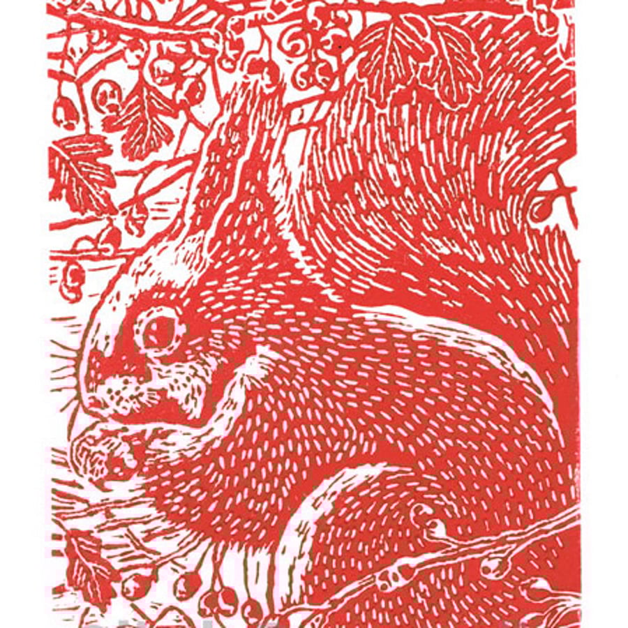 Squirrel in the Hawthorn - Squirrel Art - Lino... - Folksy