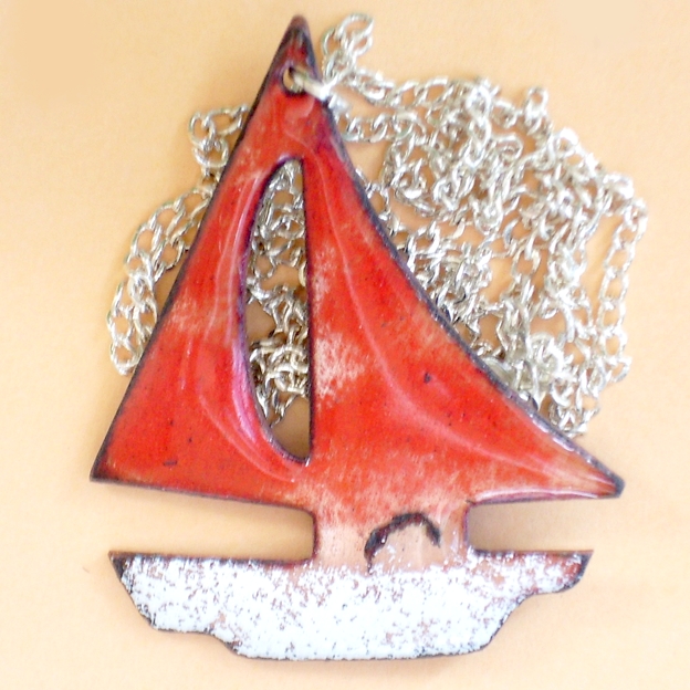 red sails, white hull - pendant - boat No2 - Folksy