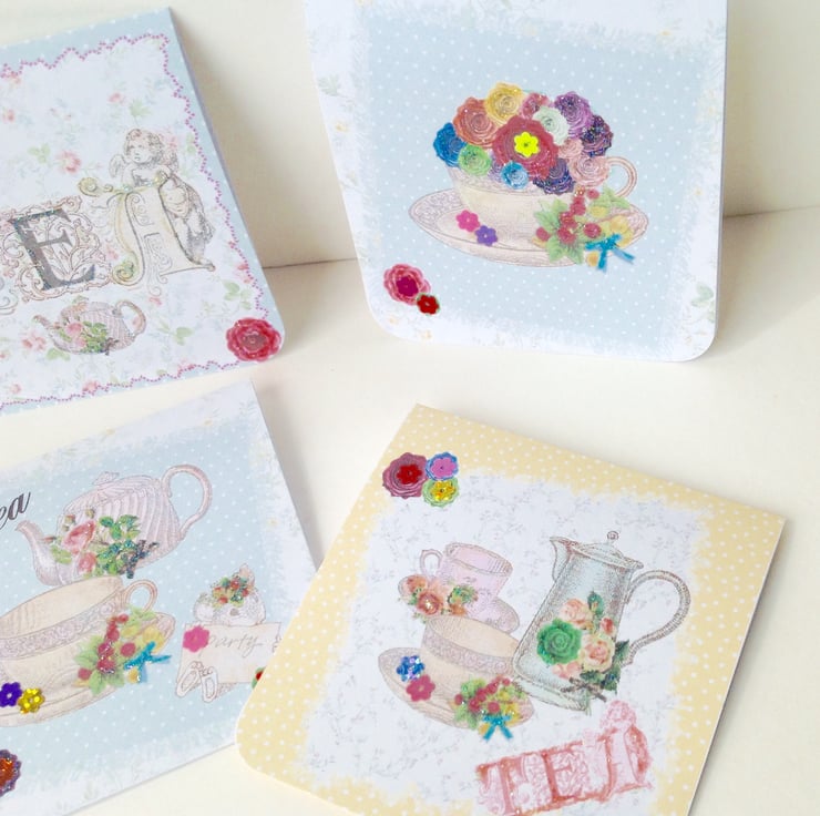 Notecards,Set of Four,Vintage Tea Party,Handmad... - Folksy