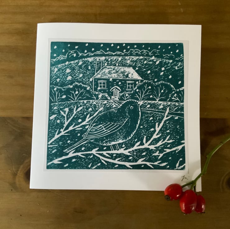 Winter Robin lino print card, a hand printed li... - Folksy