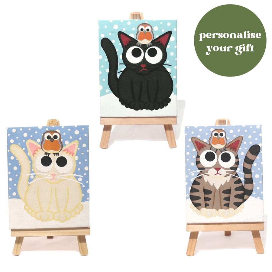 Custom Cat and Robin Original Miniature Art - p... - Folksy