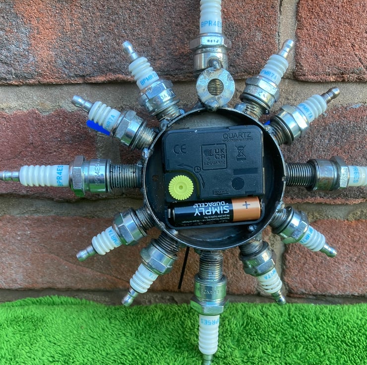 Sunburst Wall Clock, Repurposed Spark Plugs - Folksy