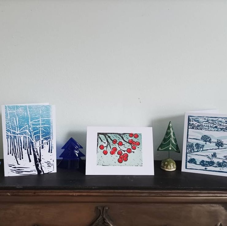 4 Lino Cut Christmas Cards - Individually Hand ... - Folksy