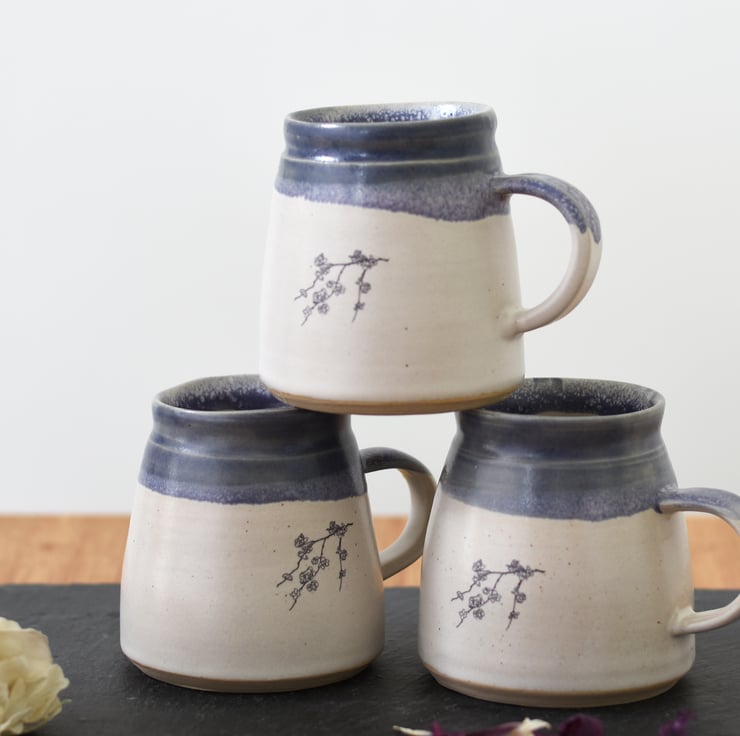 Ceramic mug with roses - handmade blue and whit... - Folksy
