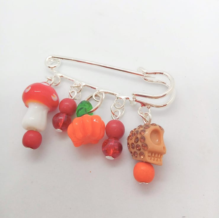 Kilt Pin with Toadstool Skull & Pumpkin Cha... - Folksy