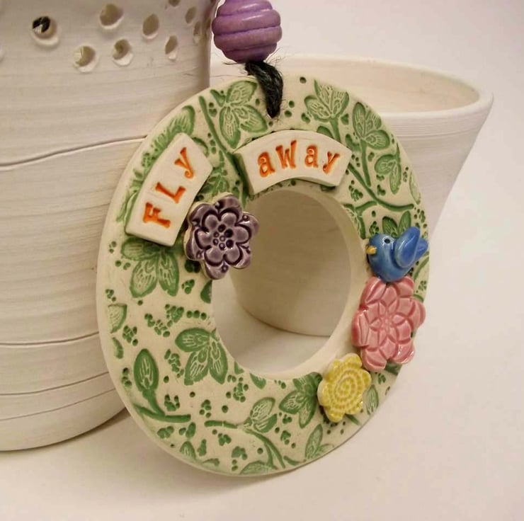 Ceramic decoration with bird and flowers - Folksy