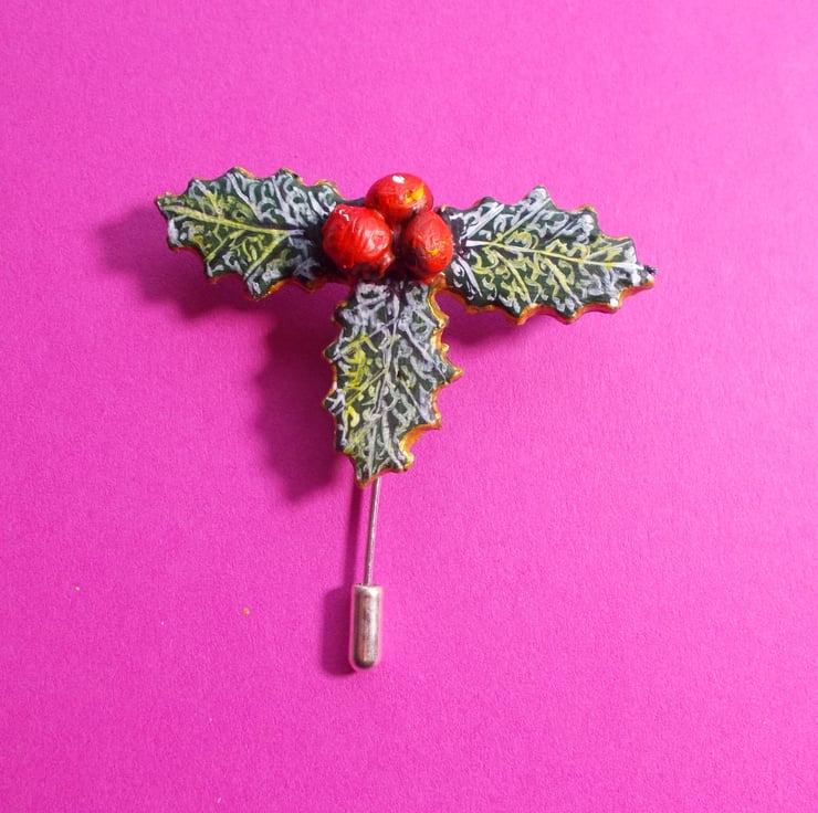 Chistmas HOLLY & RED BERRIES PIN Festive La... - Folksy
