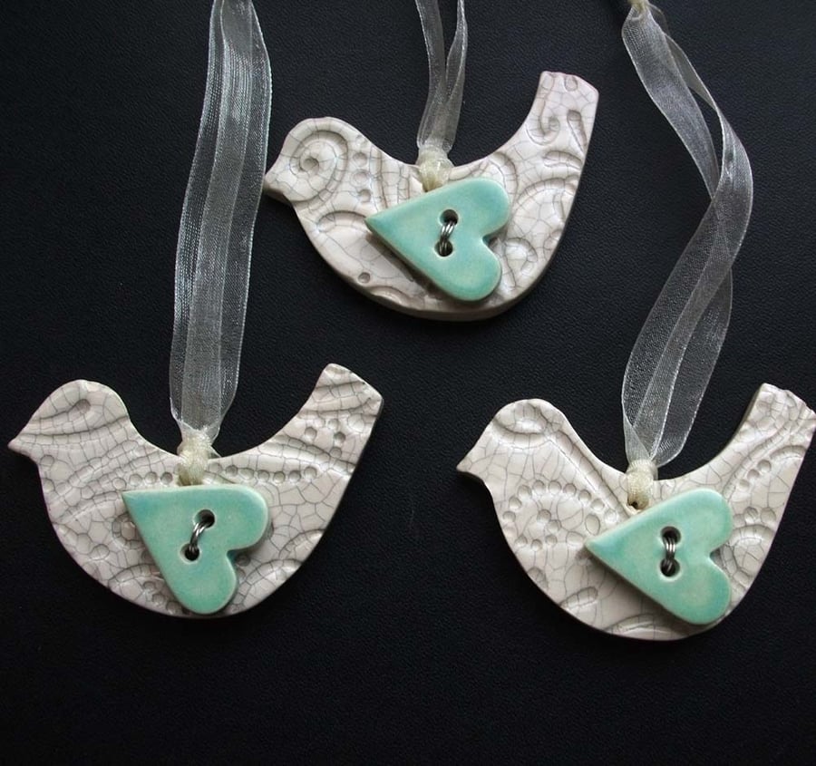 set of three ceramic birds with turquoise butto... - Folksy