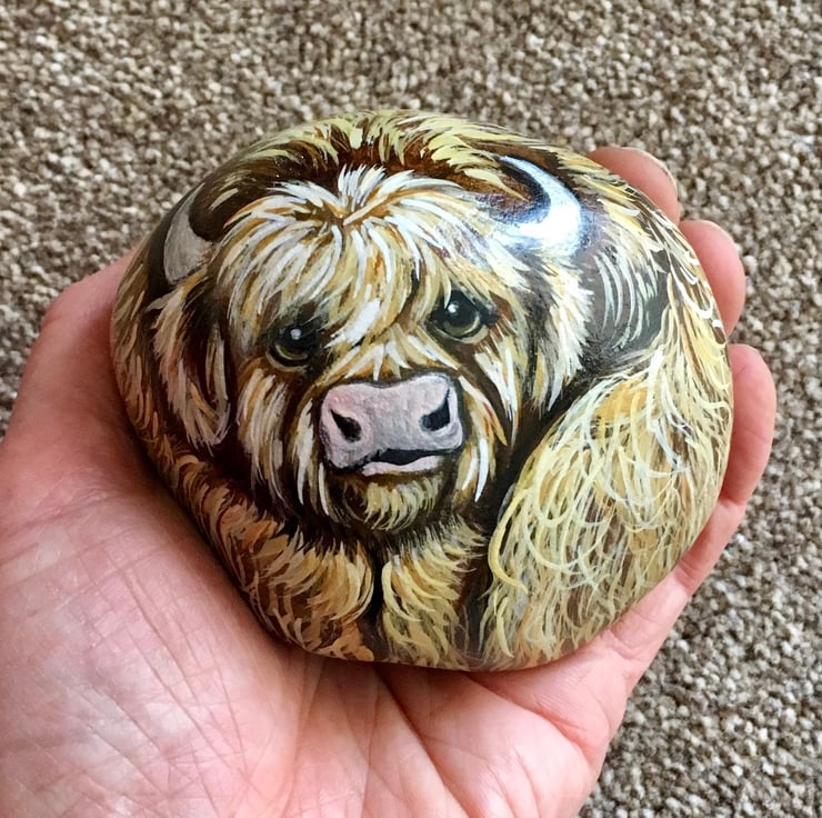 Highland cow painted pebble wildlife animal roc... - Folksy