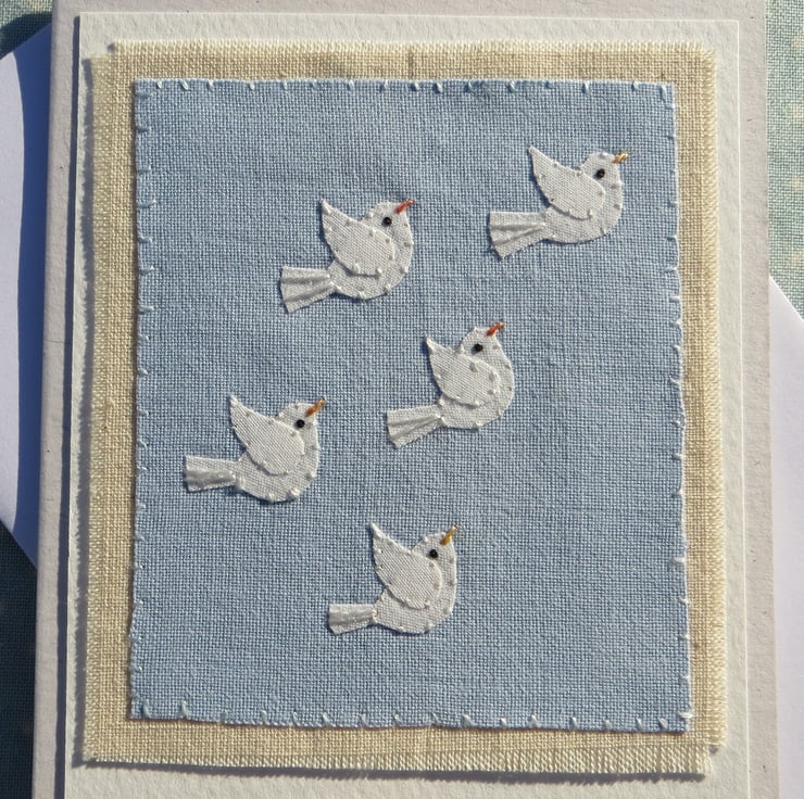 Flight of Doves hand-stitched card, detailed an... - Folksy