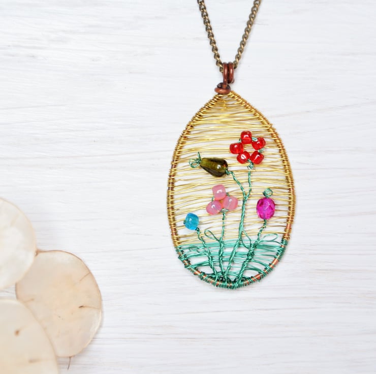 Wire wrapped Flower Pendant, Nature necklace, G... - Folksy