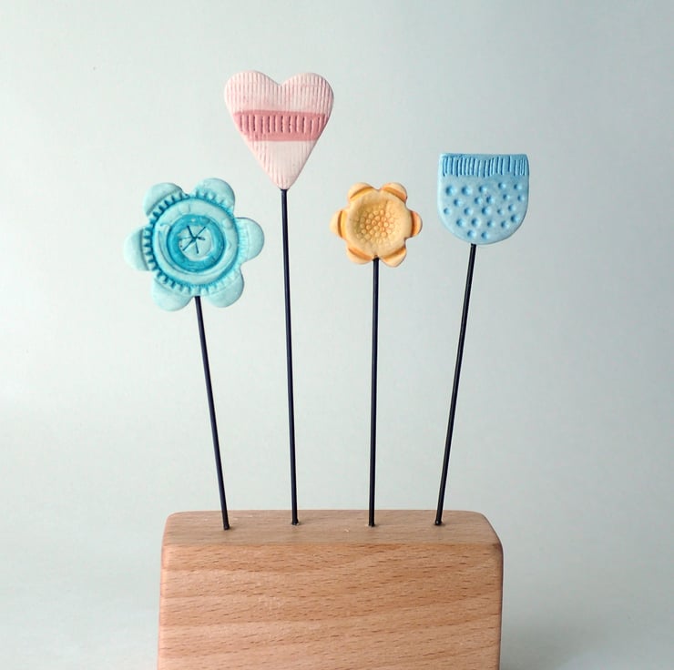 Flower Garden - Clay Flowers in a Wooden Block - Folksy
