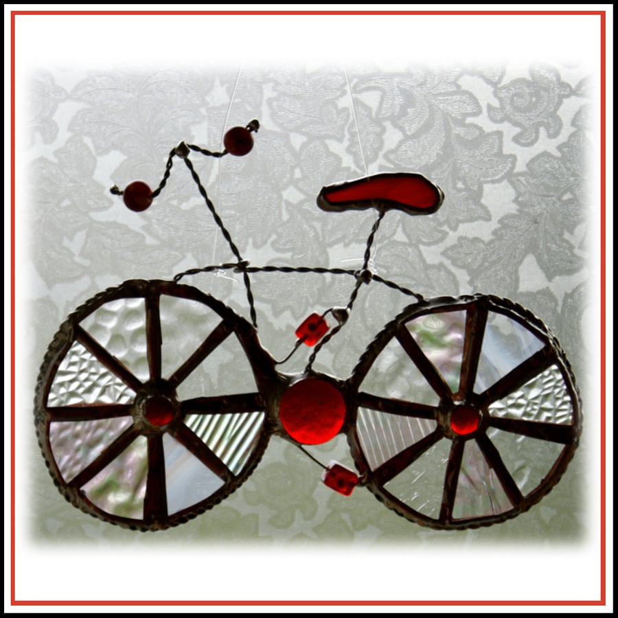 Bicycle Suncatcher Red Stained Glass Handmade T... - Folksy
