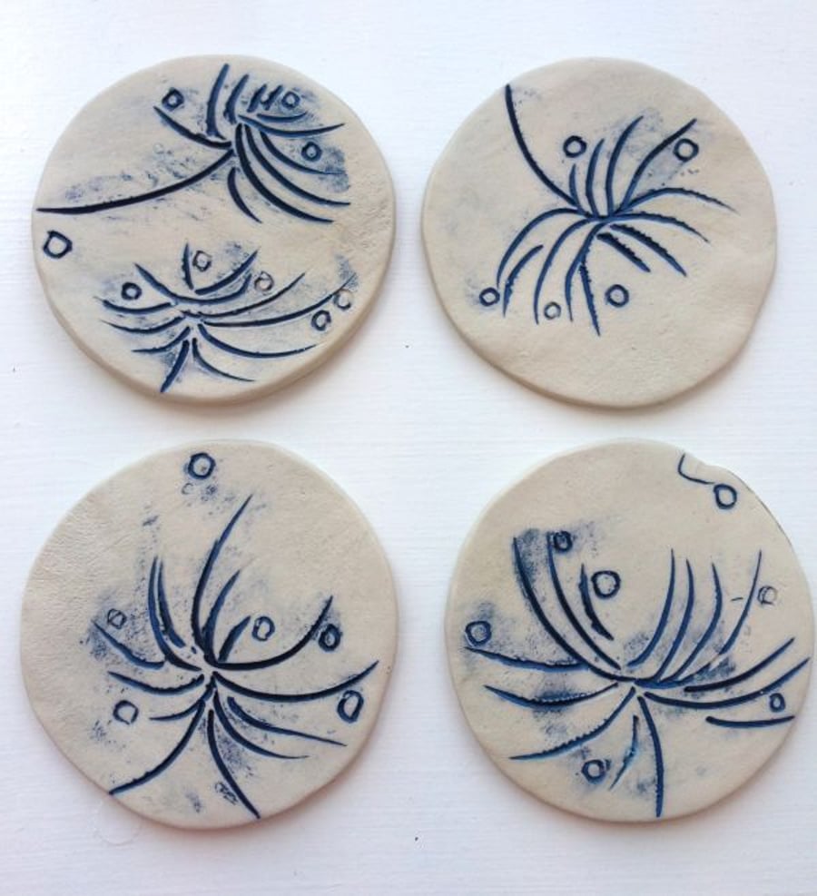 Set of 4 Blue Dandelion Ceramic Coasters - Folksy