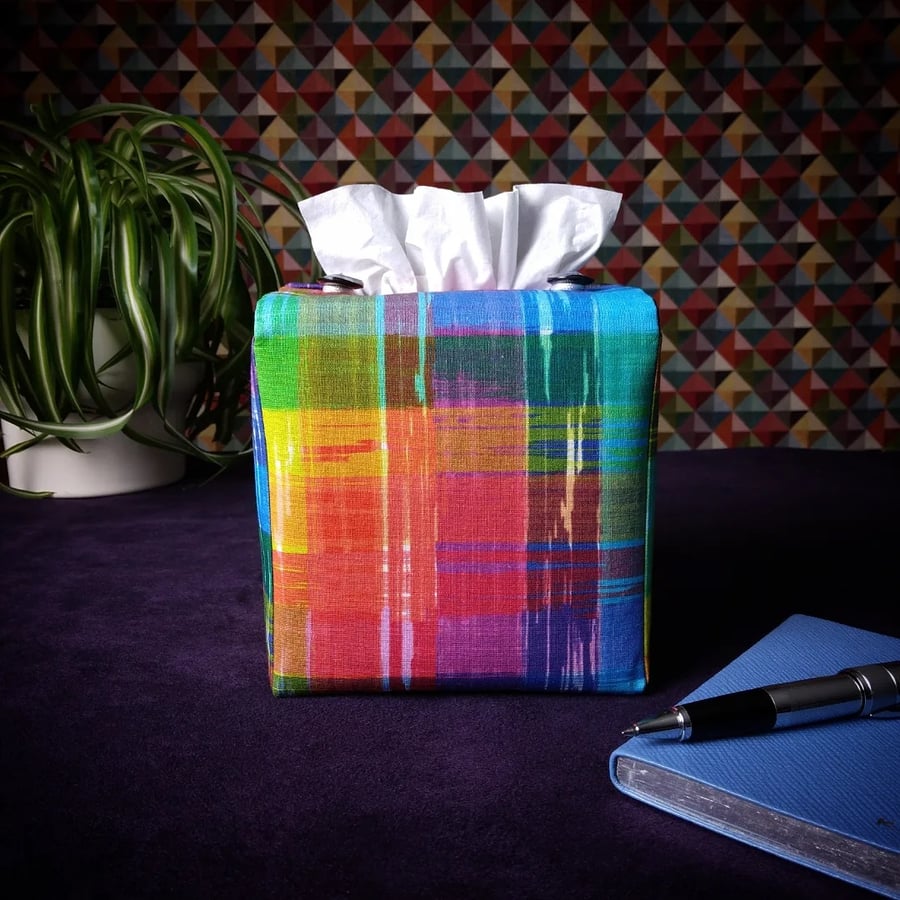 Square Tissue Box Cover - Rainbow Tartan - Folksy