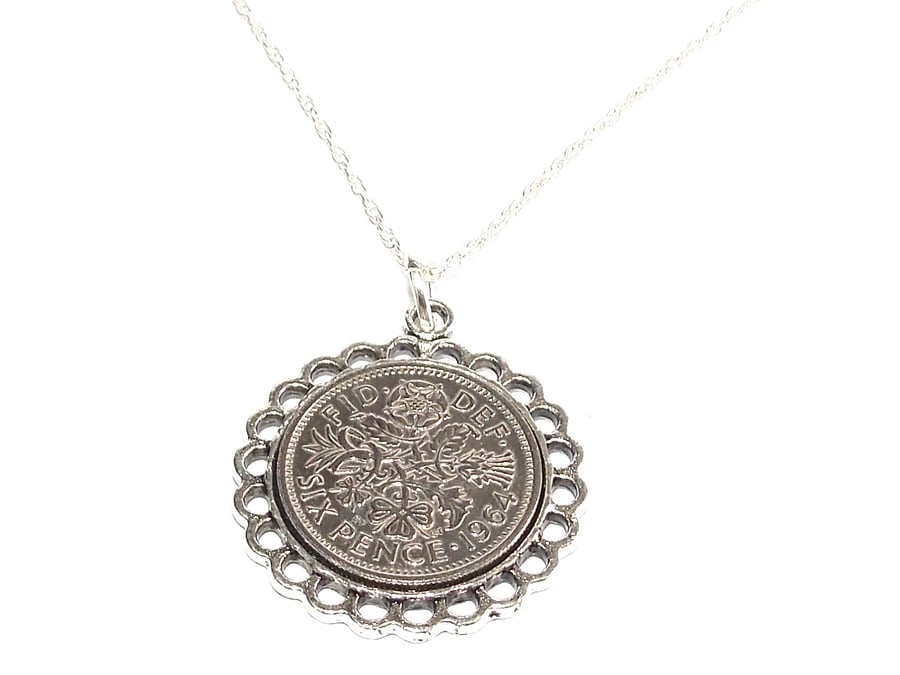 Fine Pendant 1964 Lucky sixpence 60th Birthday ... - Folksy
