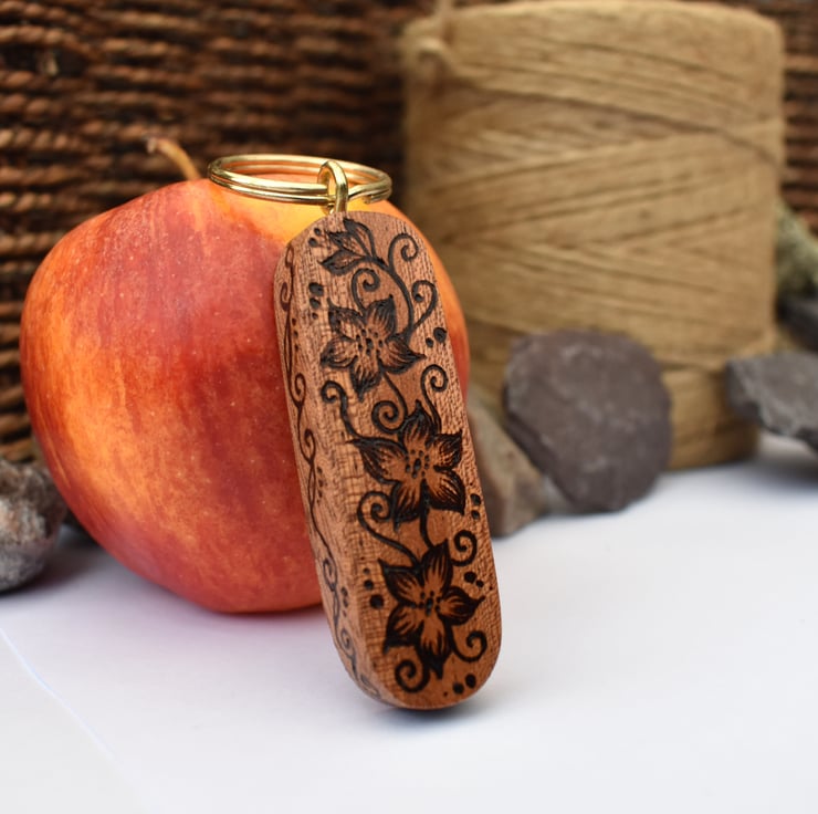 Floral pyrography keyring on mahogany. Ideal wo... - Folksy