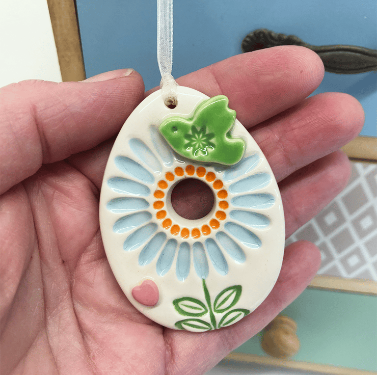 Pottery Easter Egg decoration with blue flower ... - Folksy