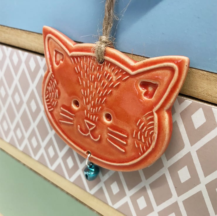 Ceramic Cat decoration with little bell (ginger) - Folksy