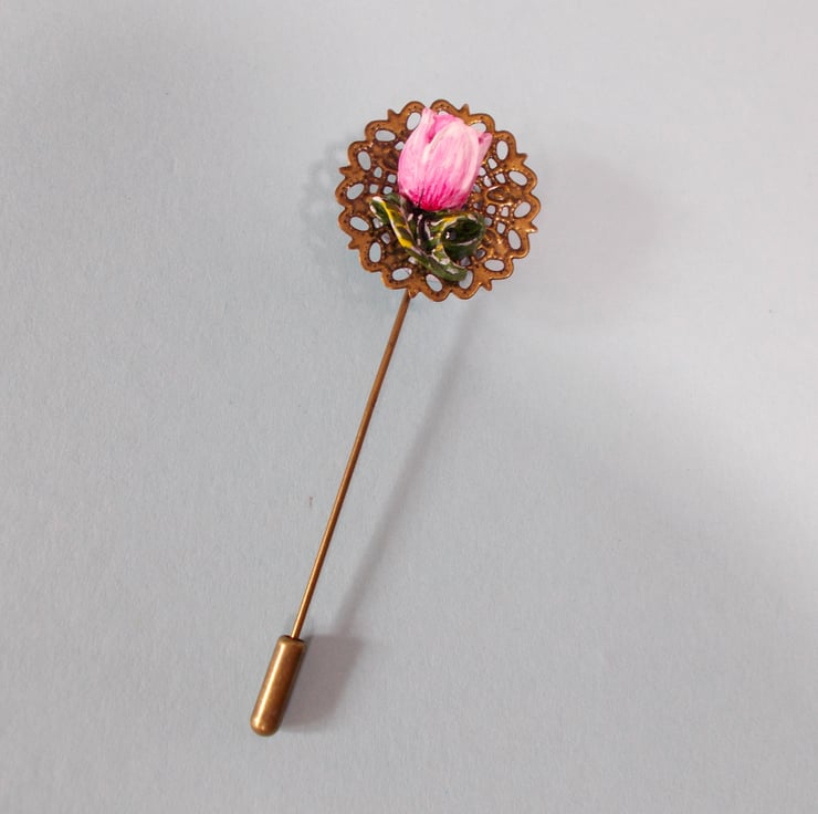 Pastel PINK TULIP PIN Bronze Tone Filigree 3D W... - Folksy
