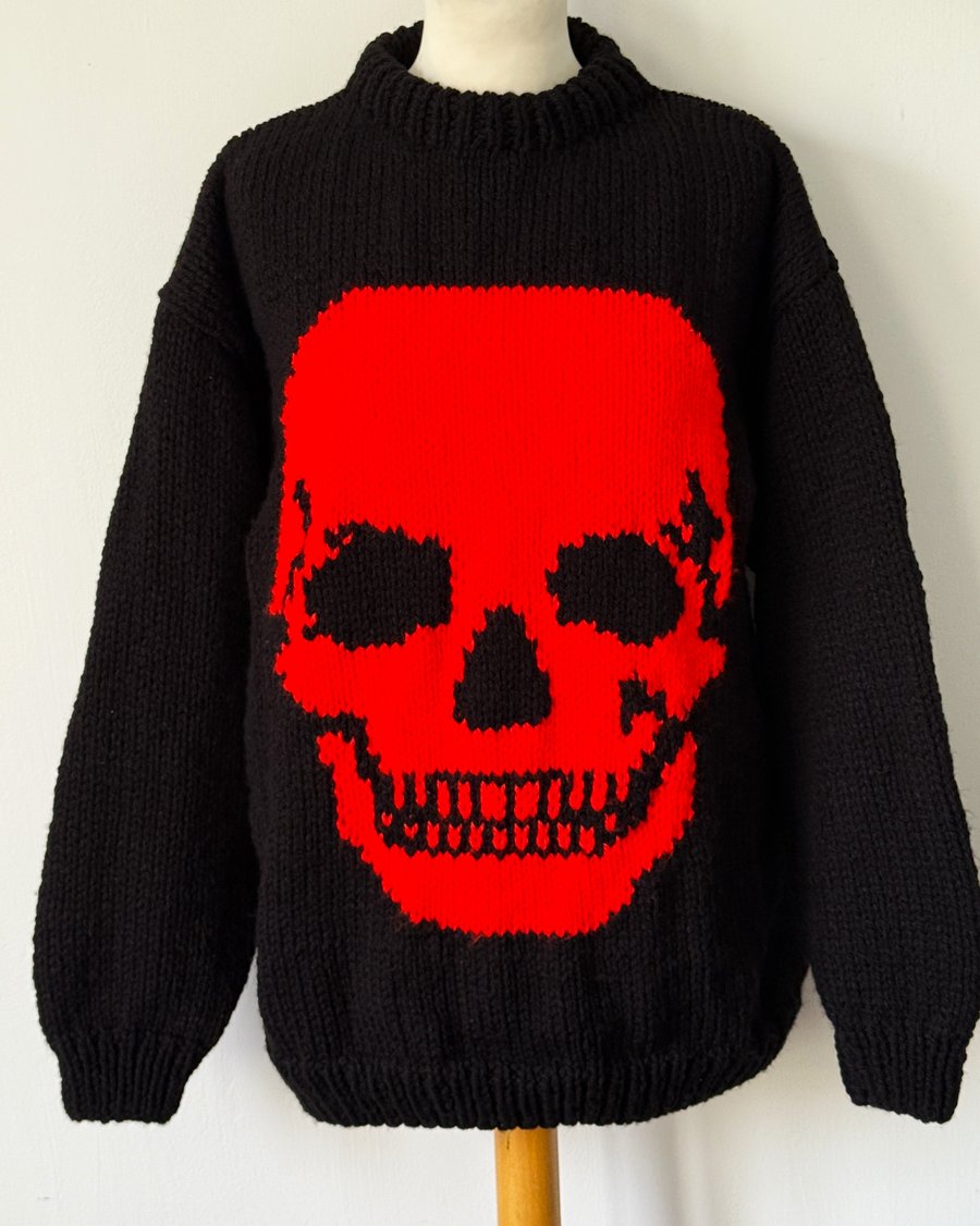 Goth Red Skull On A Black Background Hand Knitt... - Folksy